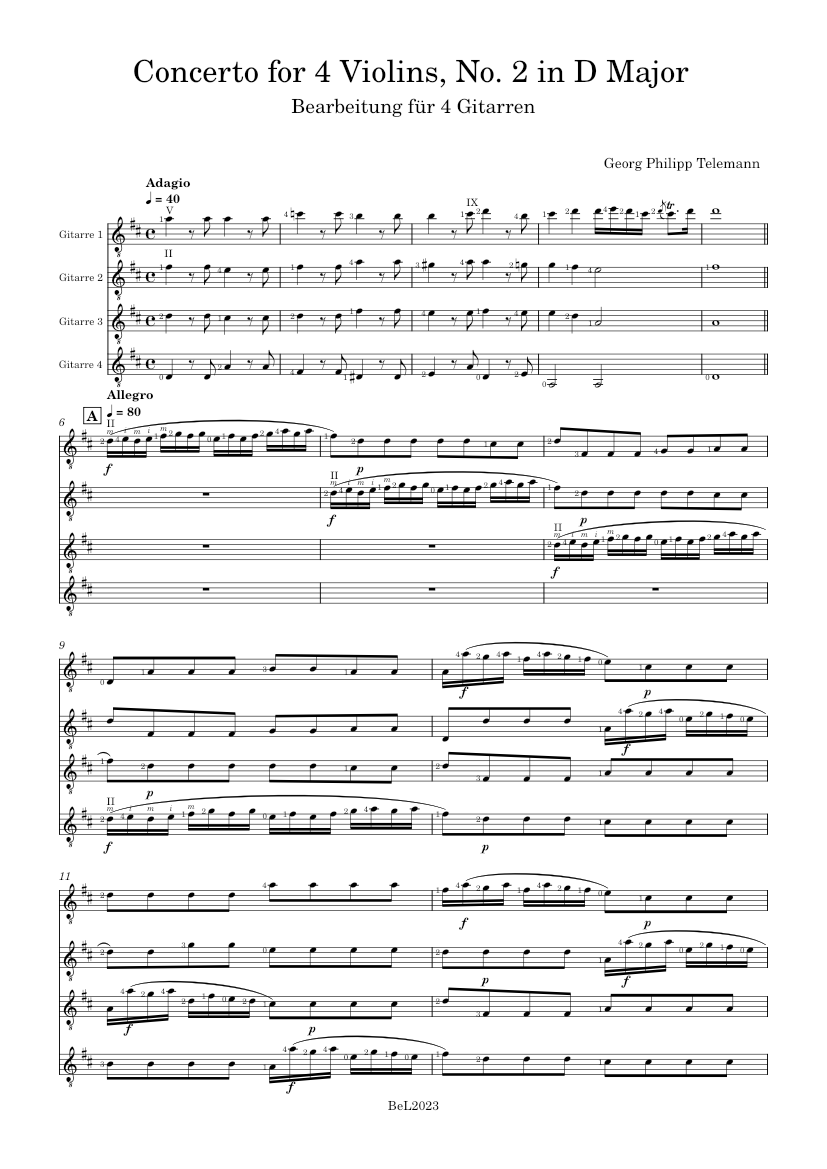 Telemann Concerto_for_4_Violins_No_2_in_D_Major_ Sheet music for Guitar ...