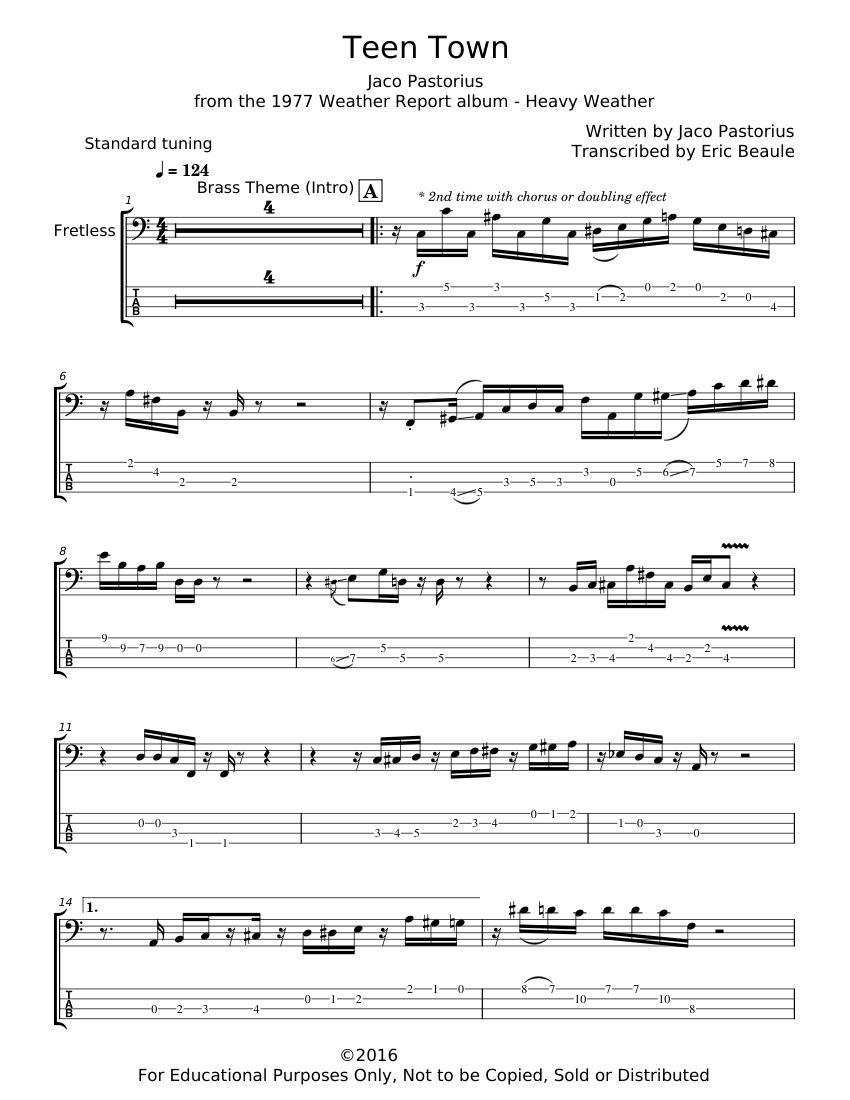 Teen town - Jaco Pastorius Sheet music for Bass guitar (Mixed Duet ...