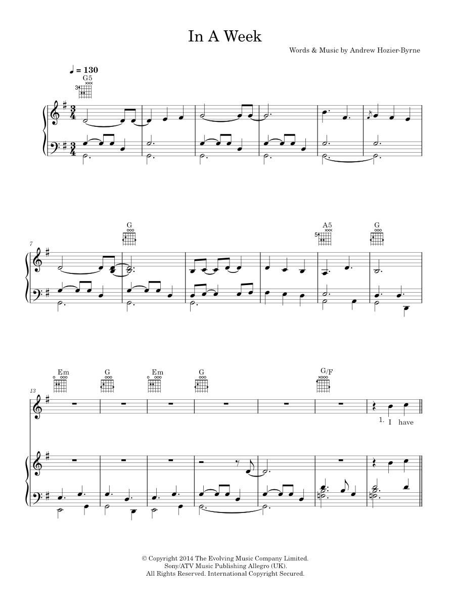in a week Sheet music for Piano, Vocals by Hozier Official | MuseScore.com