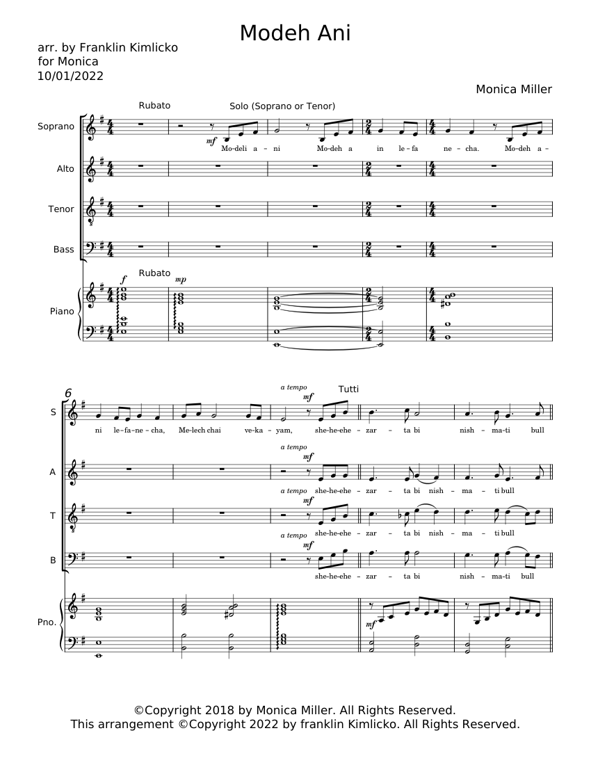 Modeh Ani - Monica Miller Sheet music for Piano, Vocals (Mixed Ensemble ...