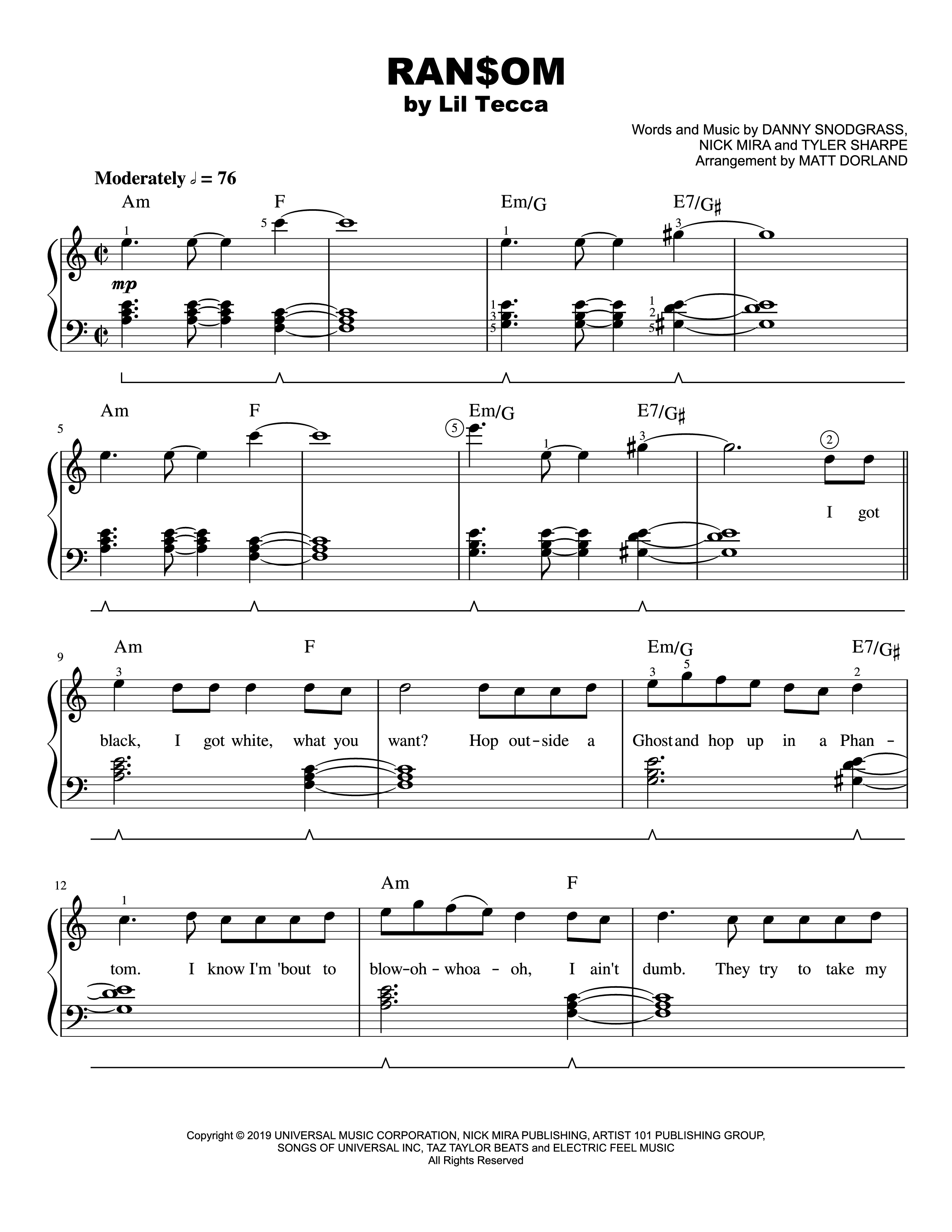 Play Official version of Ransom Sheet Music by Lil Tecca for Piano ...