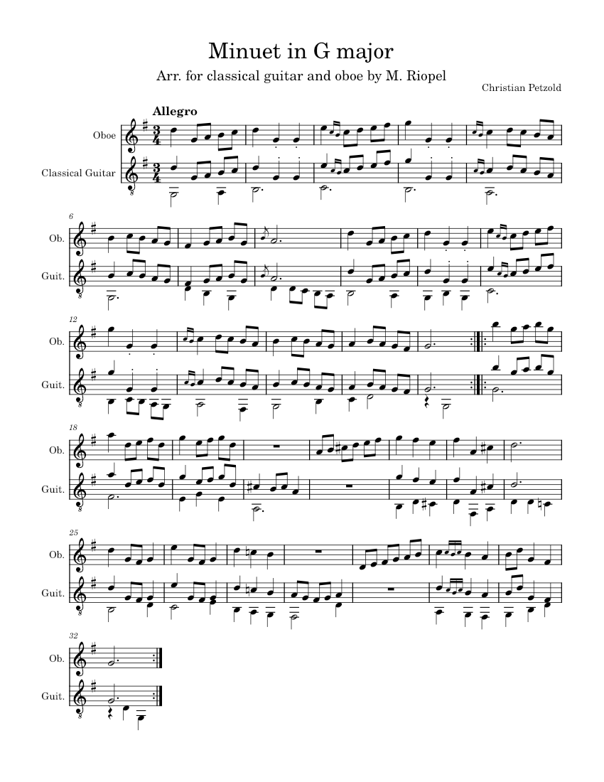 Minuet in G Major, BWV Anh. 114 – Christian Petzold Minuet in G Sheet ...