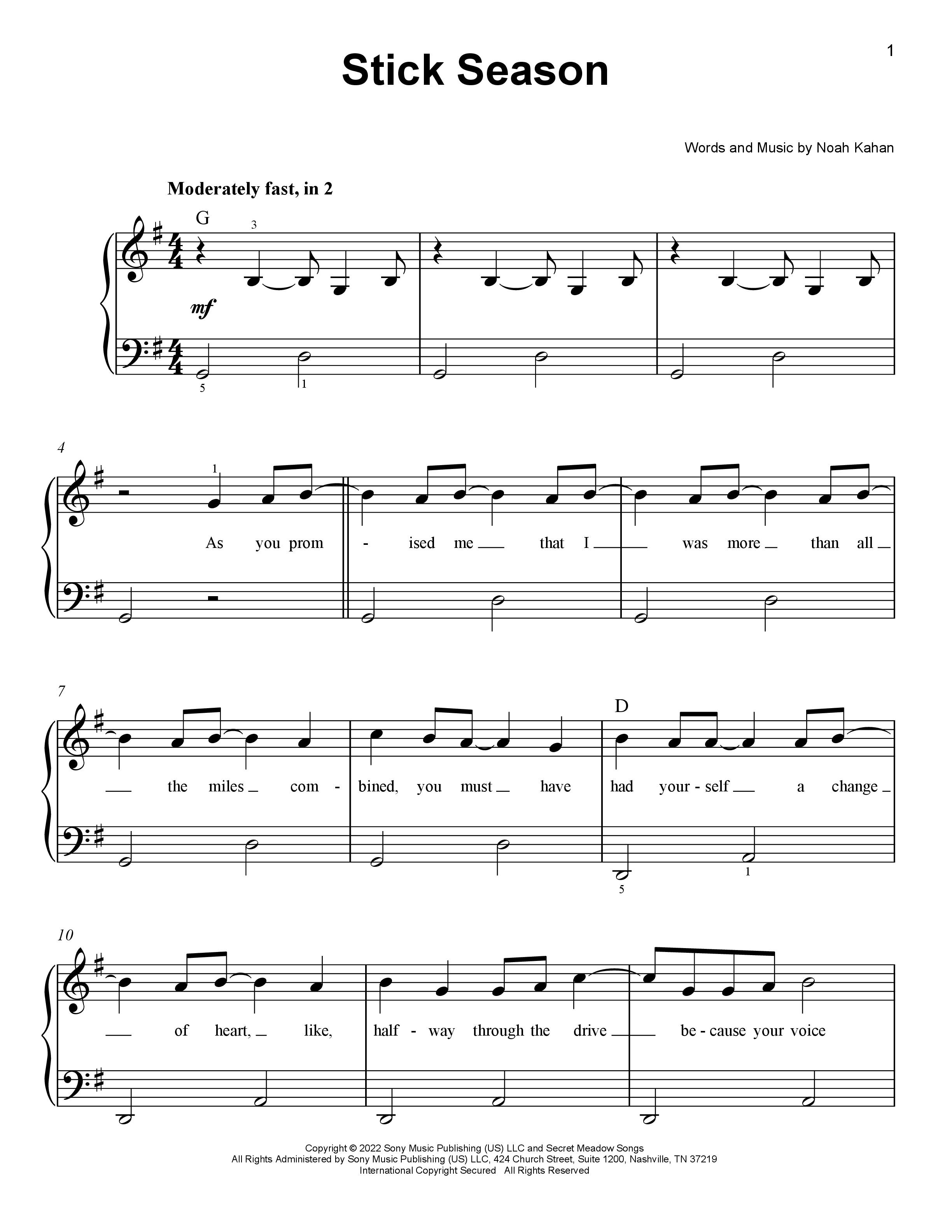 Play Official version of Stick Season sheet music by Noah Kahan for ...
