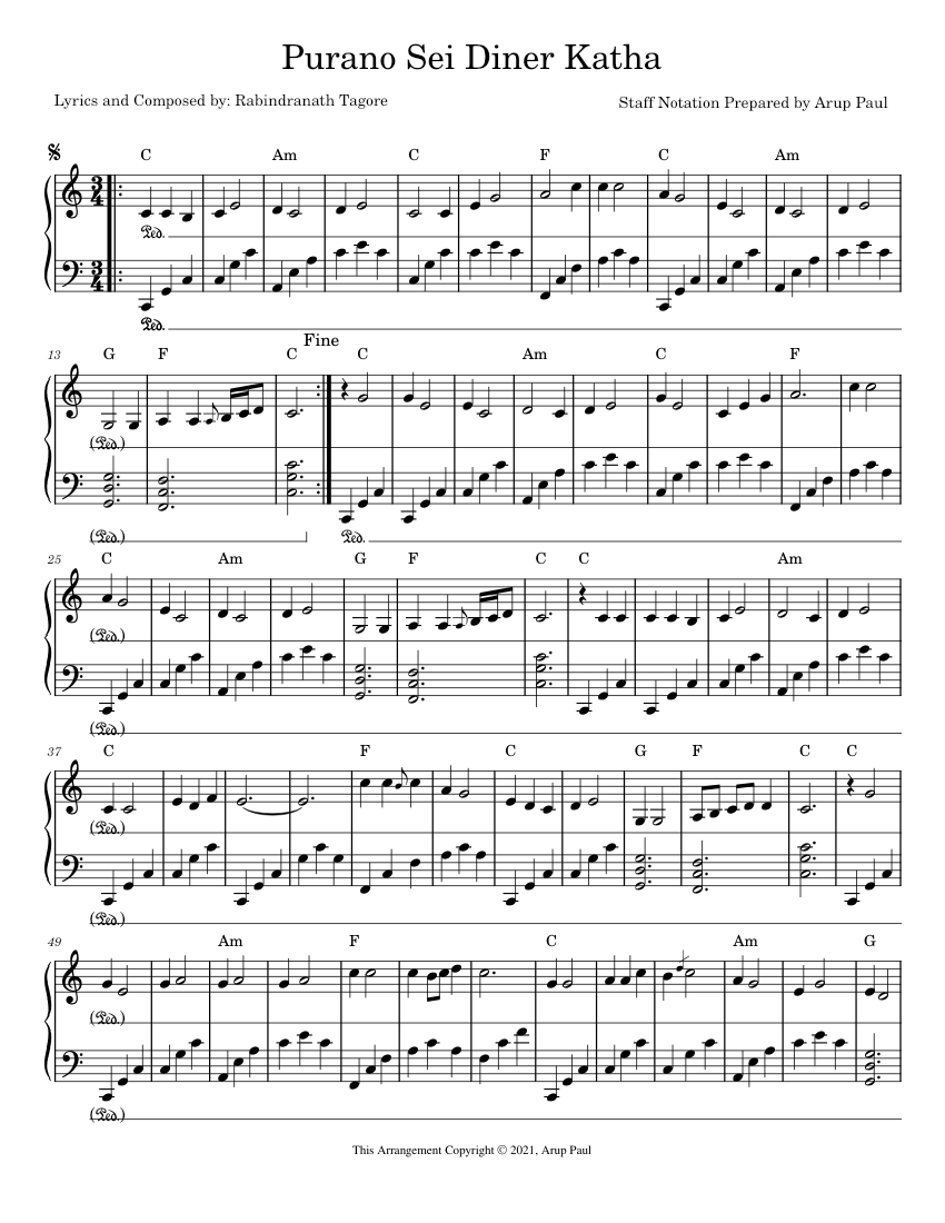 Purano Sei Diner Katha Rabindra Sangeet Piano Solo Version Staff ...