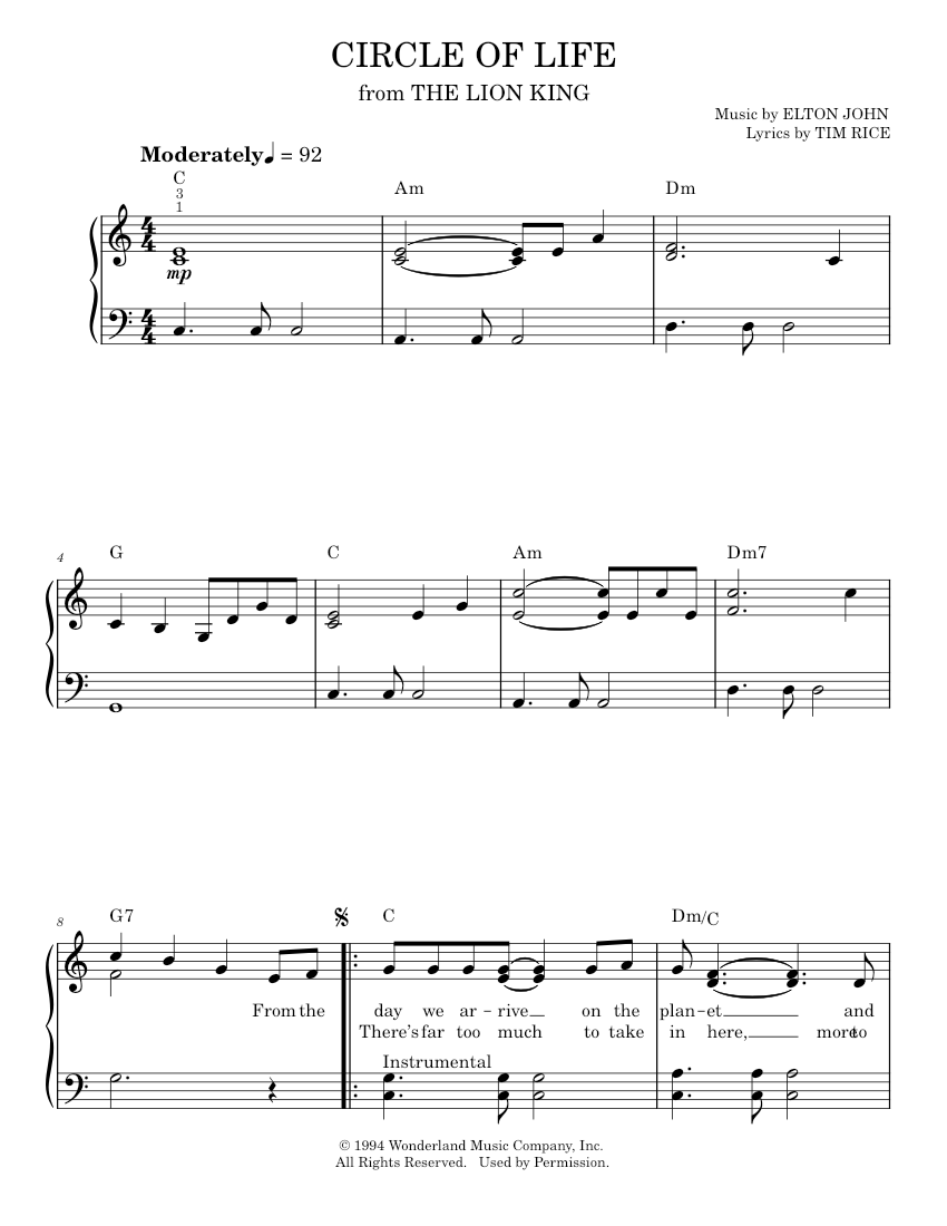 Play Official version of Circle of life Sheet Music by Elton John for ...