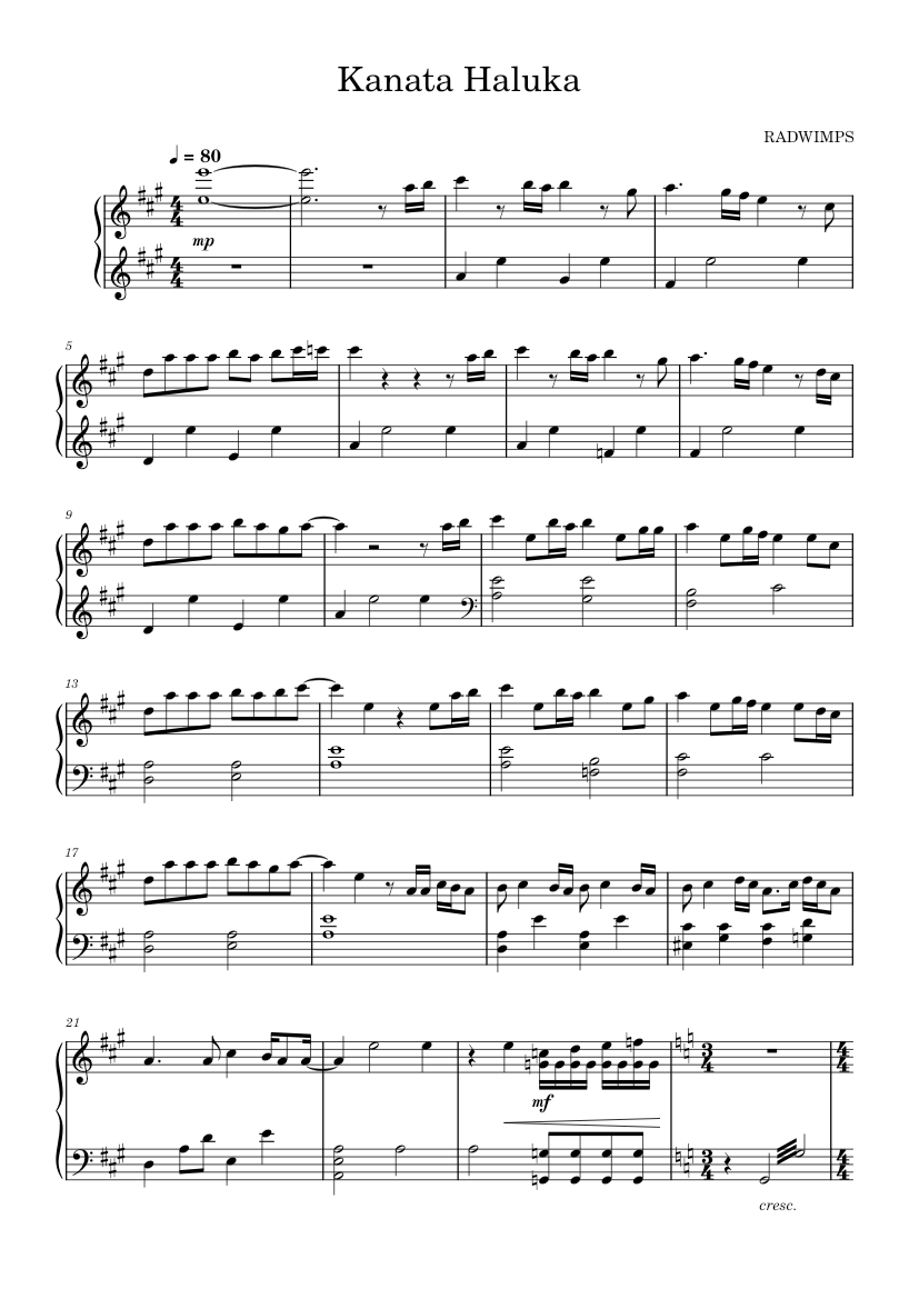 Kanata Haluka – RADWIMPS Sheet Music for Piano (Solo) | MuseScore.com