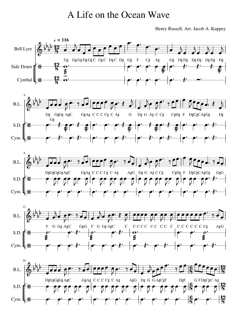 A Life on the Ocean Wave Sheet Music for Piano, Snare drum, Crash ...