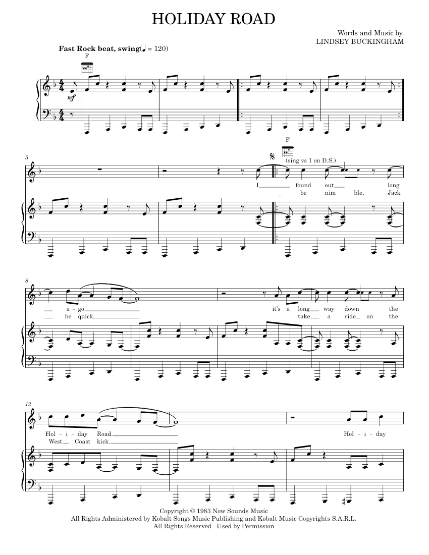 Play Official version of Holiday road Sheet Music by Lindsey Buckingham ...