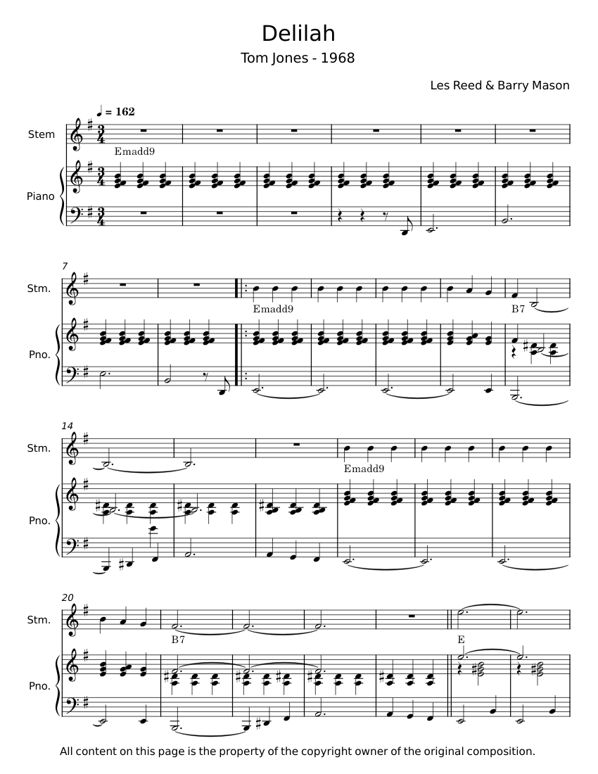 Delilah - Tom Jones Sheet Music for Piano (Piano Duo) | MuseScore.com