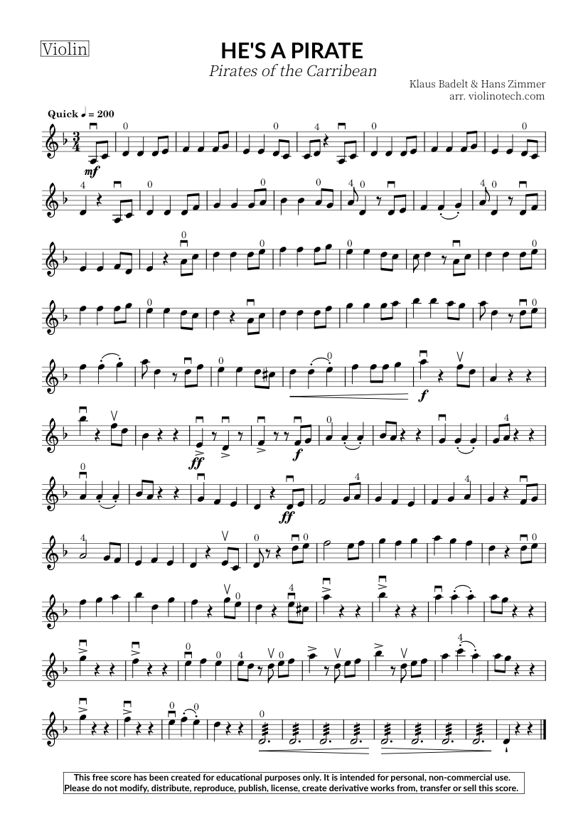 He's a Pirate (easy solo violin) Sheet Music for Violin (Solo ...