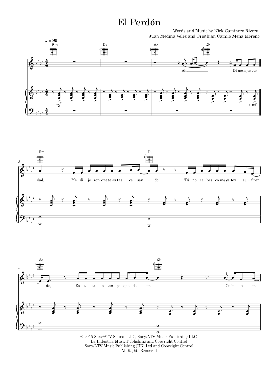 Play Official version of El Perdon sheet music by Enrique Iglesias for ...