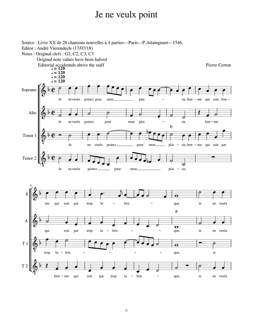 Je ne veulx point - Pierre Certon - piano tutorial