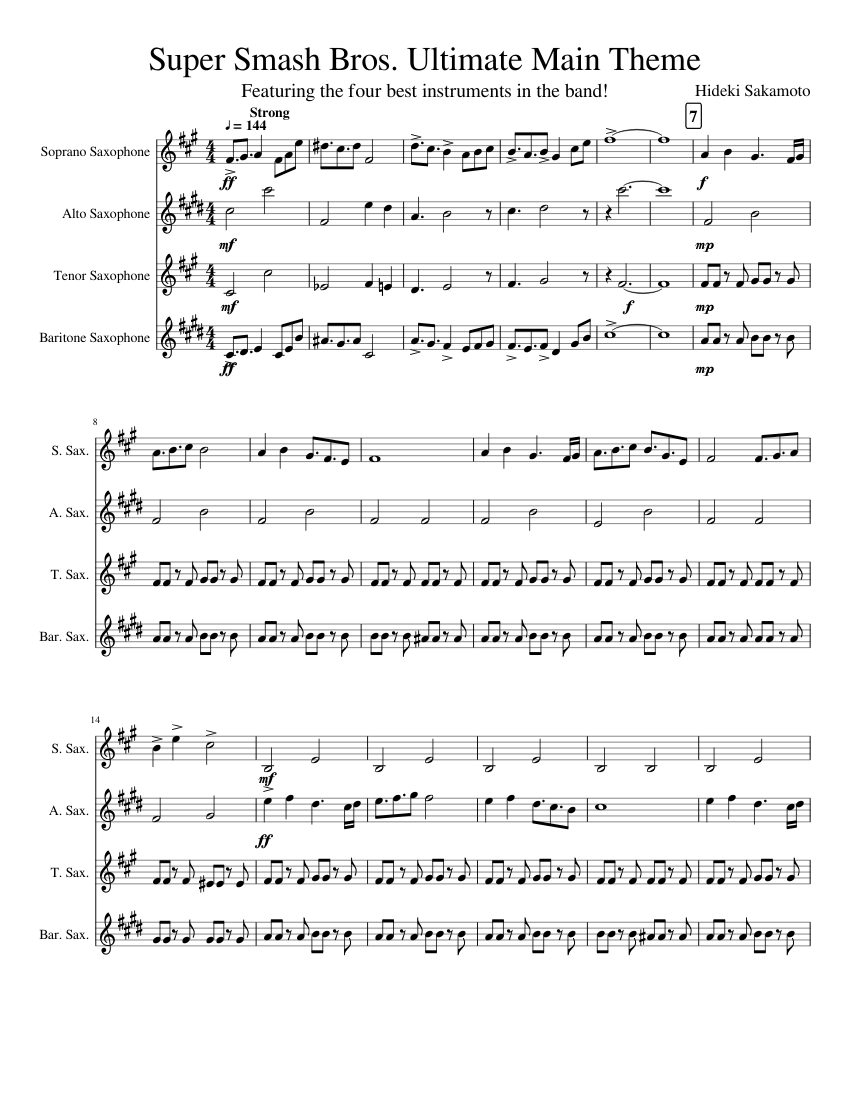 Smash Bros Ultimate Theme SATB Saxes Sheet Music for Saxophone alto ...