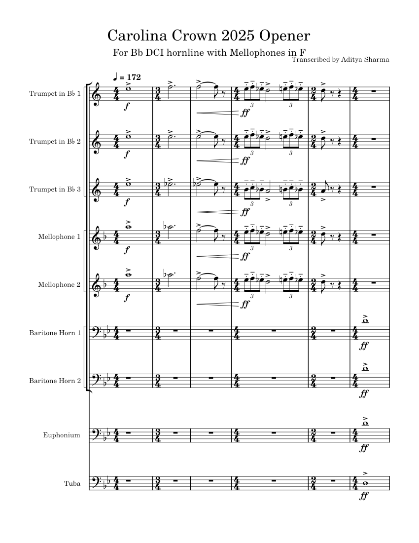 Carolina Crown 2025 Opener Sheet Music for Tuba, French horn, Trumpet ...