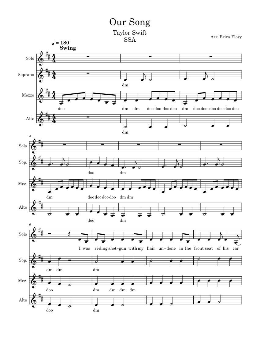 Our song – Taylor Swift Our Song- Taylor Swift SSA Sheet music for ...