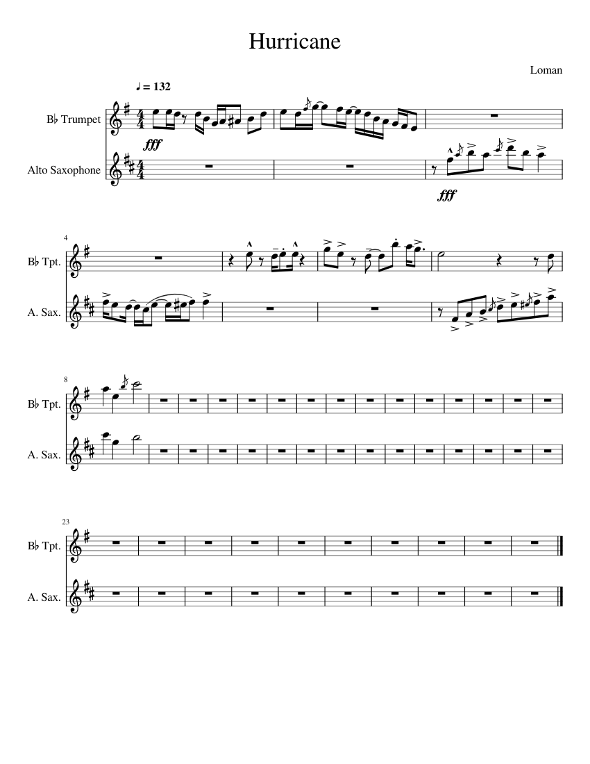 Hurricane Sheet music for Saxophone alto, Trumpet in b-flat (Mixed Duet ...