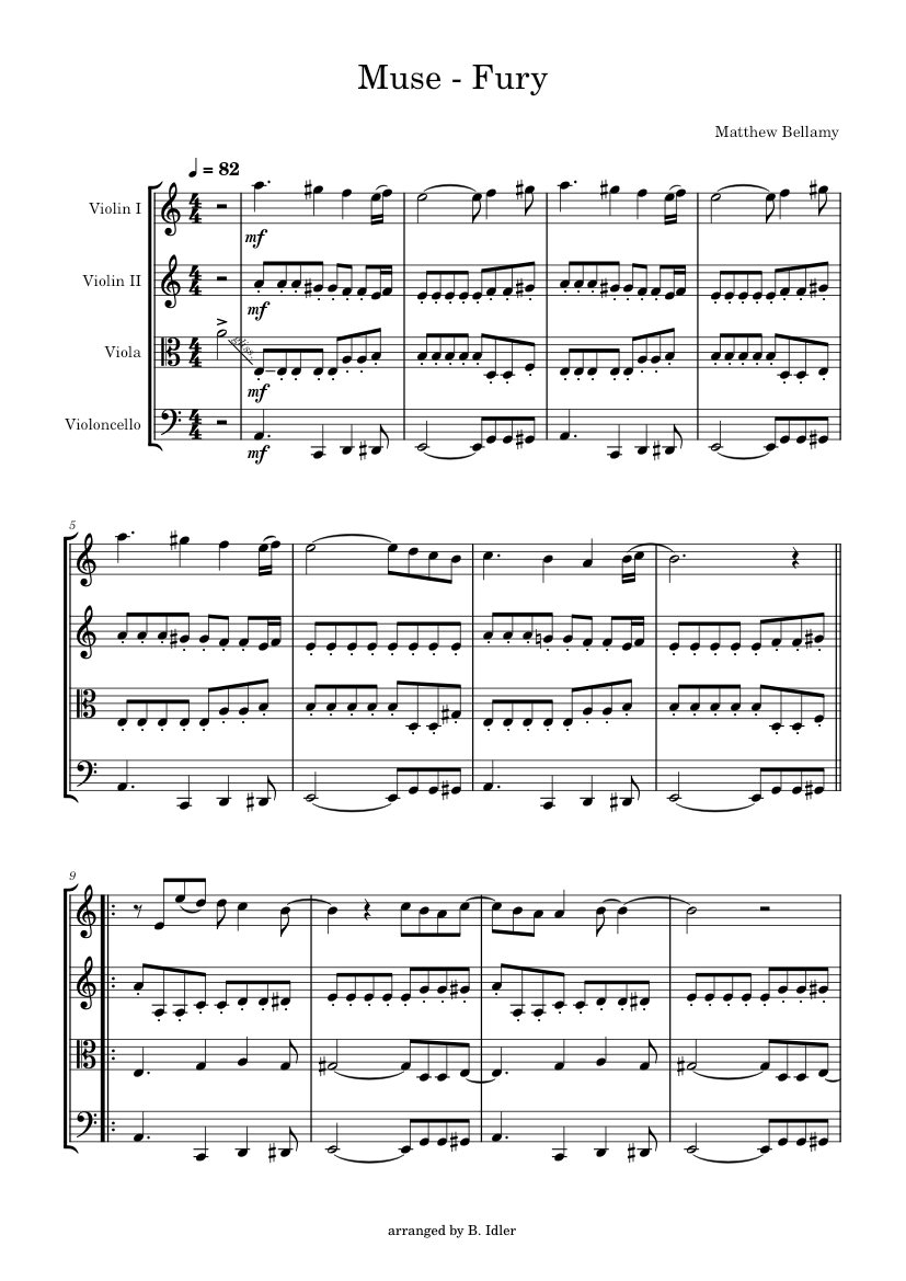 Muse - Fury Sheet music for Violin, Viola, Cello (String Quartet ...