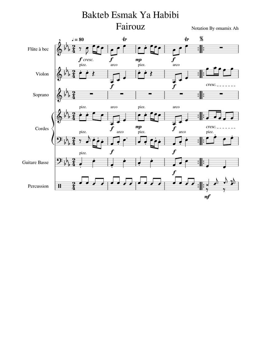 Fairuz - Bakteb Esmak Ya Habibi Sheet music for Soprano, Violin, Bass ...