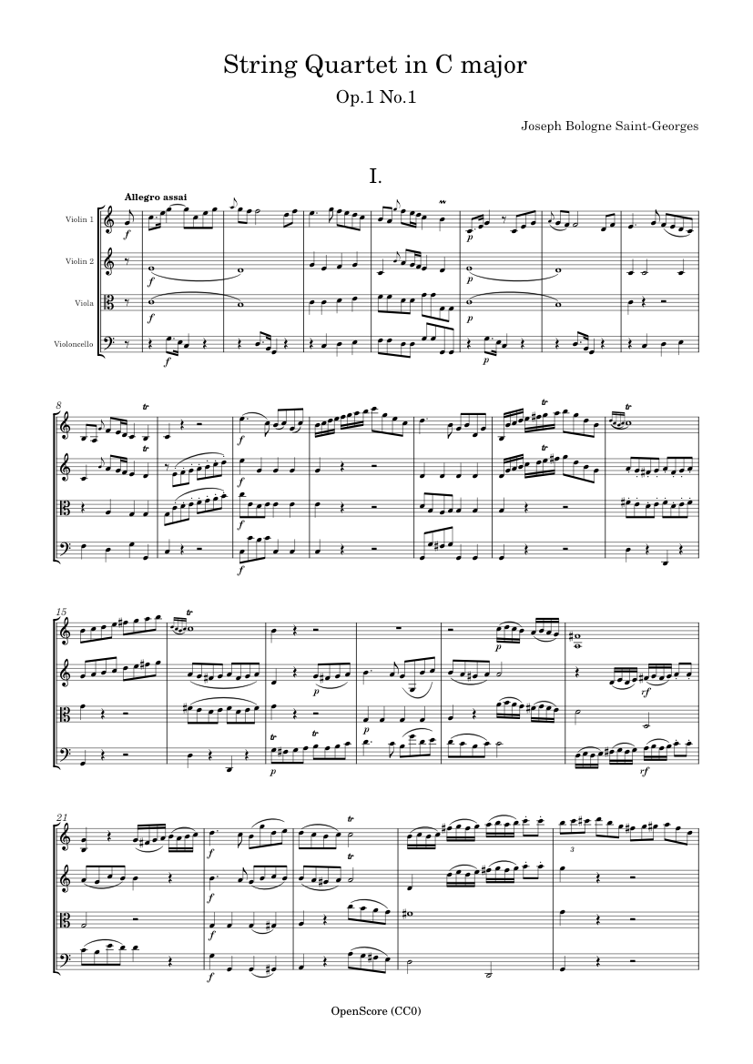 String Quartet in C major, Op.1 No.1 – Saint-Georges, Joseph Bologne Sheet Music for Violin ...