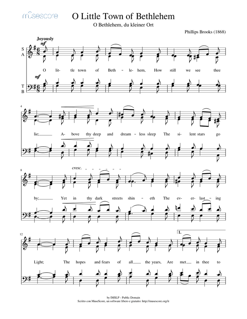 O Little Town of Bethlehem Sheet music for Alto, Bass voice, Female ...