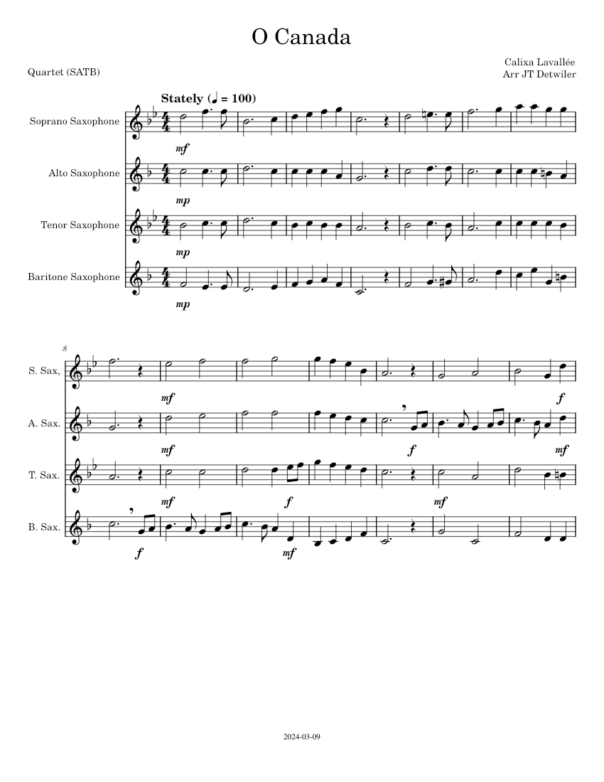 O Canada Sheet music for Saxophone alto, Saxophone tenor, Saxophone ...