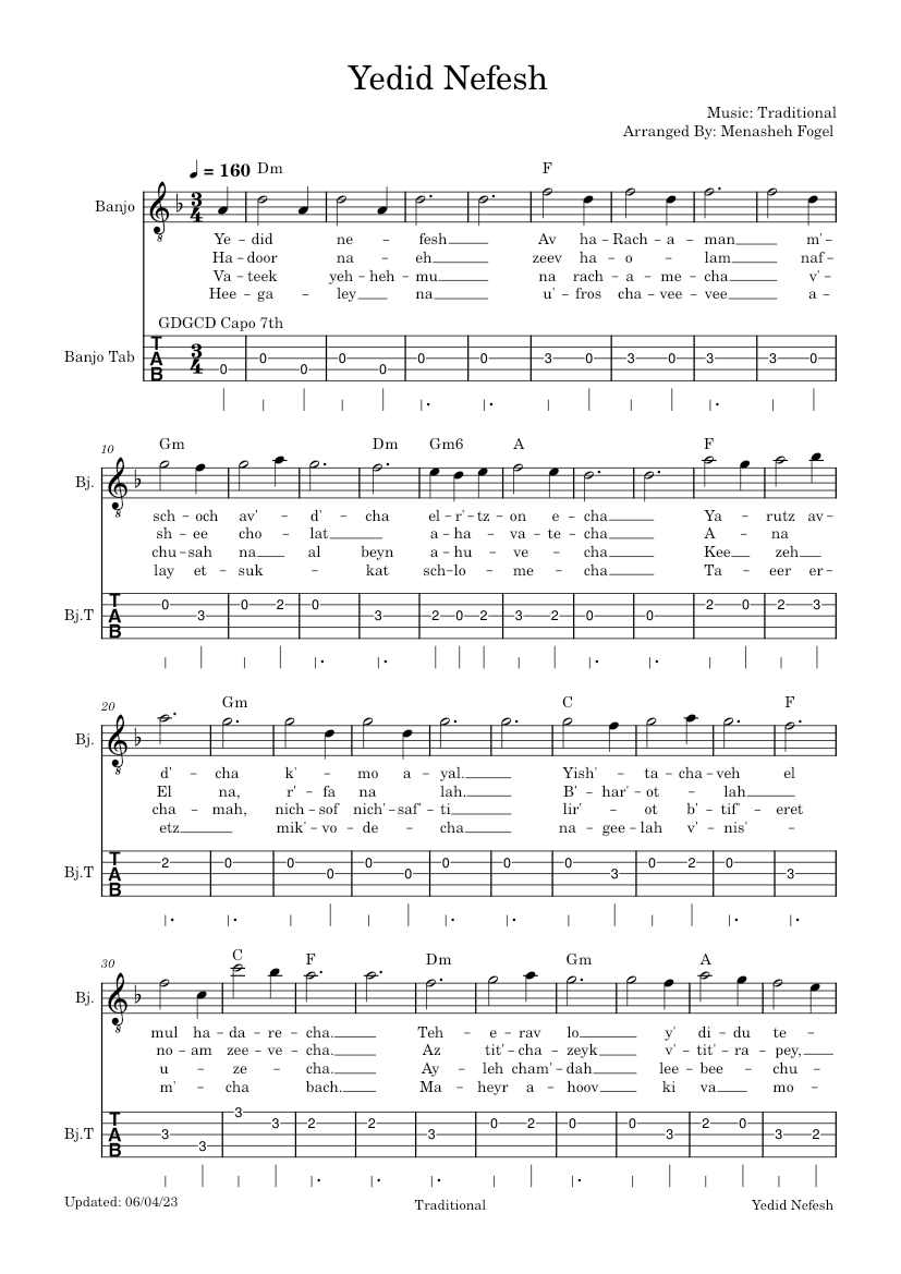 Yedid Nefesh – Traditional Jewish (Banjo Clawhammer) Sheet Music and ...