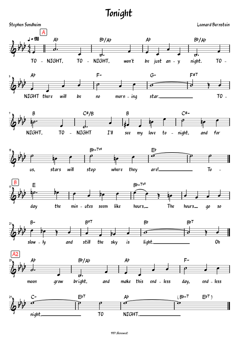 Tonight (Lead sheet with lyrics ) Sheet Music with Chords for Piano ...