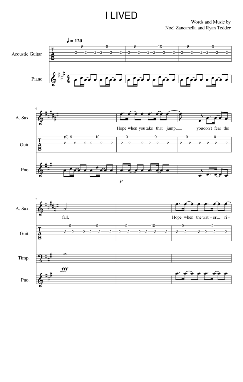 I Lived - OneRepublic Sheet Music and Tab for Piano, Organ, Saxophone ...