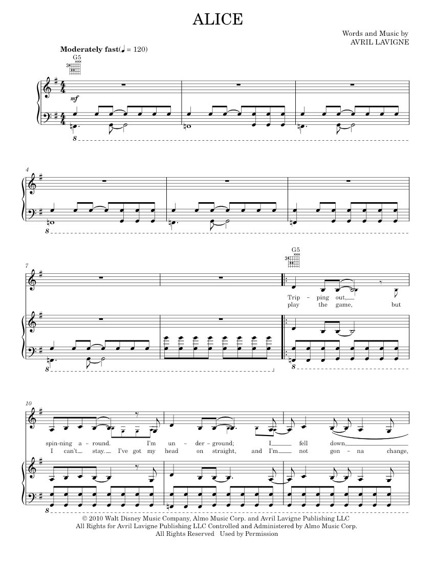 Play Official version of Alice Sheet Music by Avril Lavigne for Piano ...