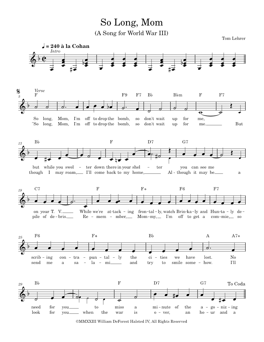 So Long, Mom — Tom Lehrer Sheet music for Piano (Solo) Easy | Musescore.com