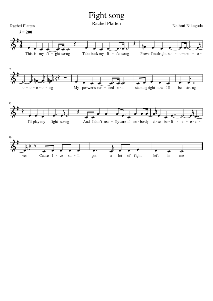 Fight song by Rachel Platten Sheet Music for Clarinet in b-flat (Solo ...