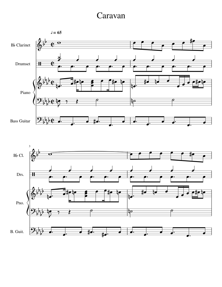 Caravan Sheet music for Piano, Clarinet in b-flat, Bass guitar, Drum ...