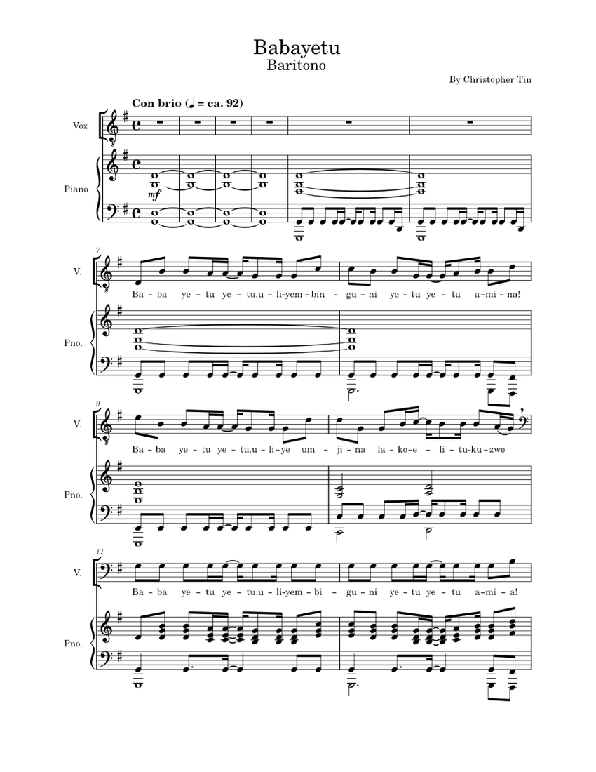 Baba yetu – Christopher Tin Baba yetu – Babayetu Baritono Sheet music for Piano (Men’s Choir ...