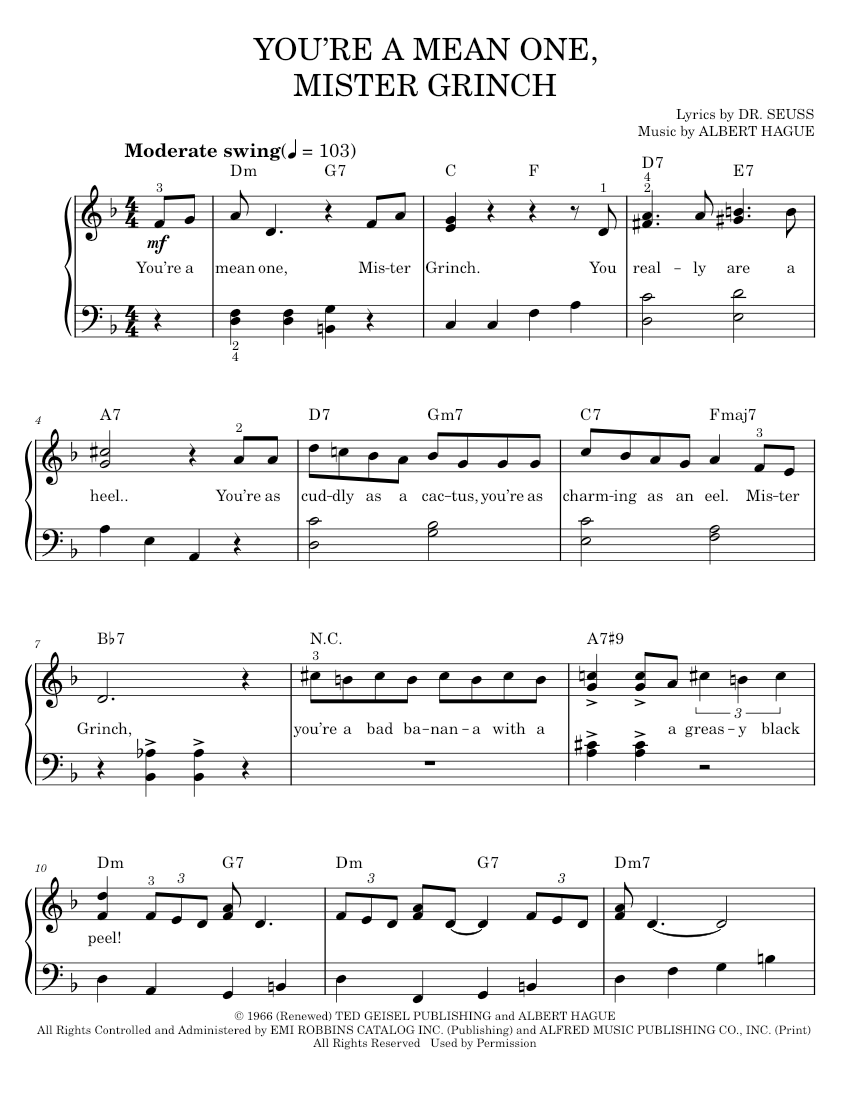 You're A Mean One, Mr. Grinch Sheet music for Piano by Lady Gaga: Music ...