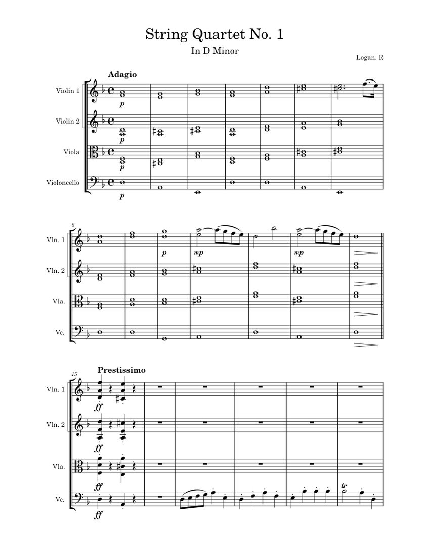 String Quartet in D Minor (Op. 4 No. 1) - First Movement Sheet music for Violin, Viola, Cello ...