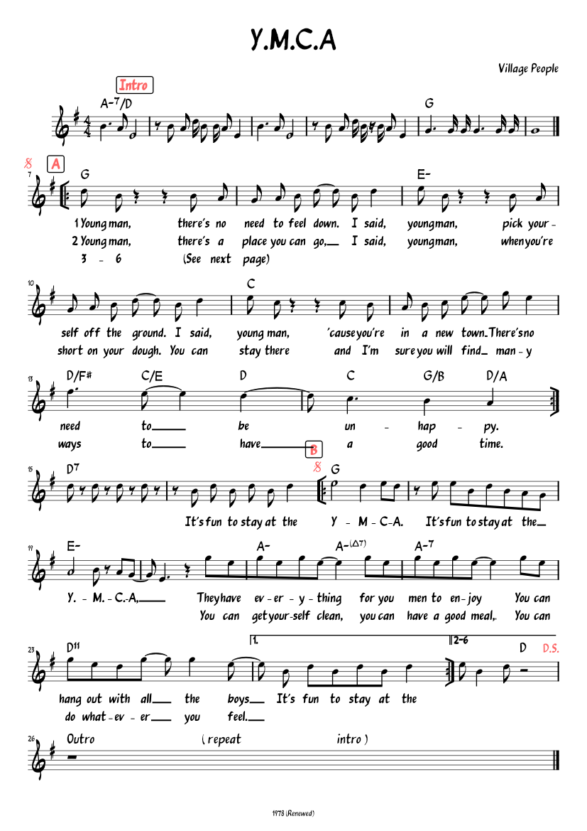 Y M C A Lead Sheet With Lyrics Sheet Music For Piano Solo Y M C A Lead Sheet With Lyrics Sheet Music For Piano Solo