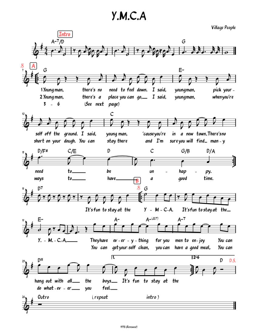 Y.M.C.A. (Lead sheet with lyrics ) Sheet music for Piano (Solo) Easy ...