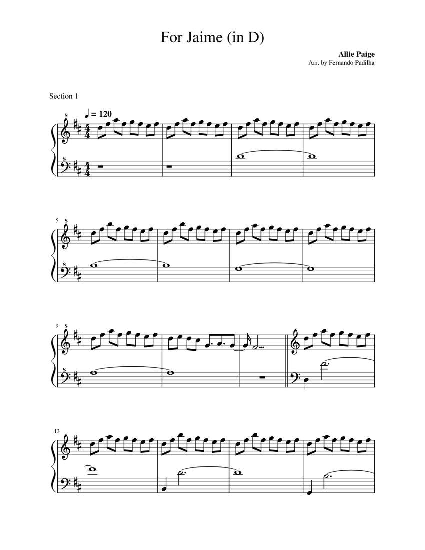 Allie Paige - For Jaime (in D) Sheet music for Piano (Solo) | Musescore.com