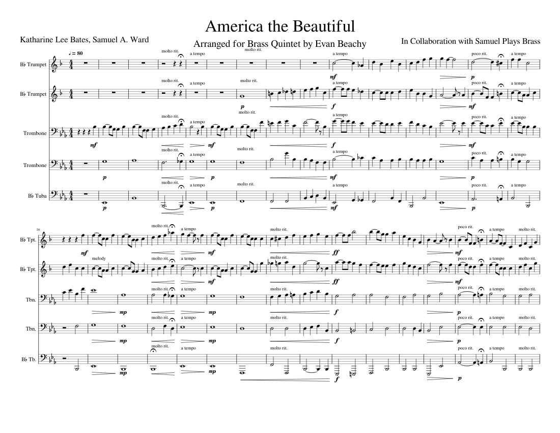 America The Beautiful - Brass Quintet Sheet music for Trombone, Tuba ...