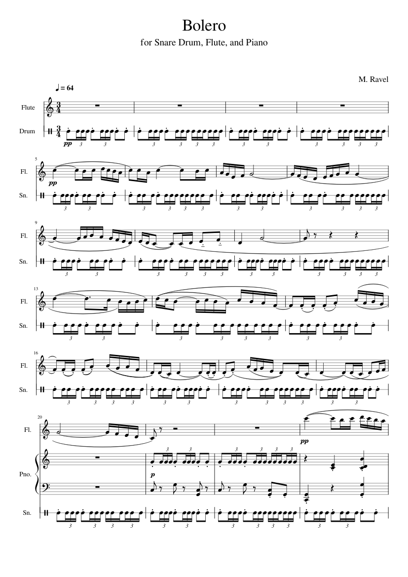 Ravel - Bolero (Mixed Trio) Sheet Music for Piano, Flute, Snare drum ...