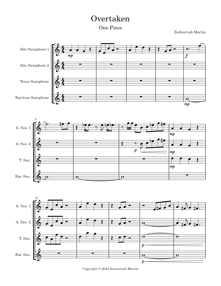 Overtaken Sheet Music for Saxophone alto, Saxophone tenor, Saxophone baritone (Saxophone ...