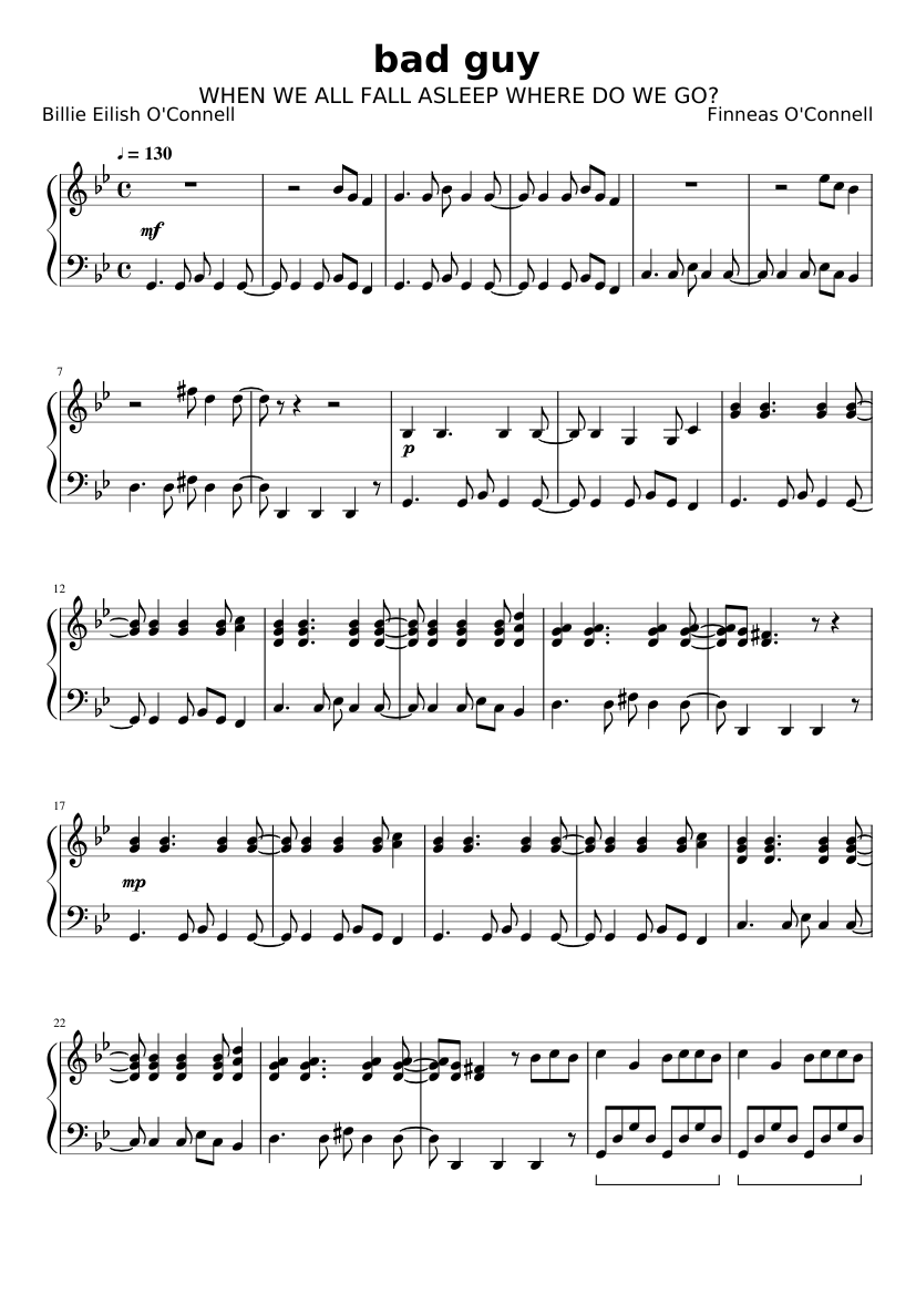 bad guy - Billie Eilish Sheet Music for Piano (Solo) easy | MuseScore.com