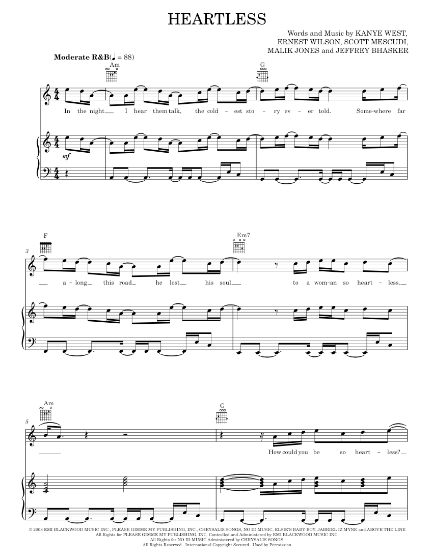 Play Official version of Heartless Sheet Music by Kanye West for Piano ...