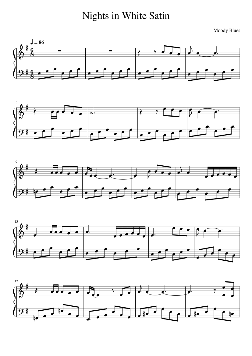 Nights in white satin – The Moody Blues Sheet music for Piano (Solo ...