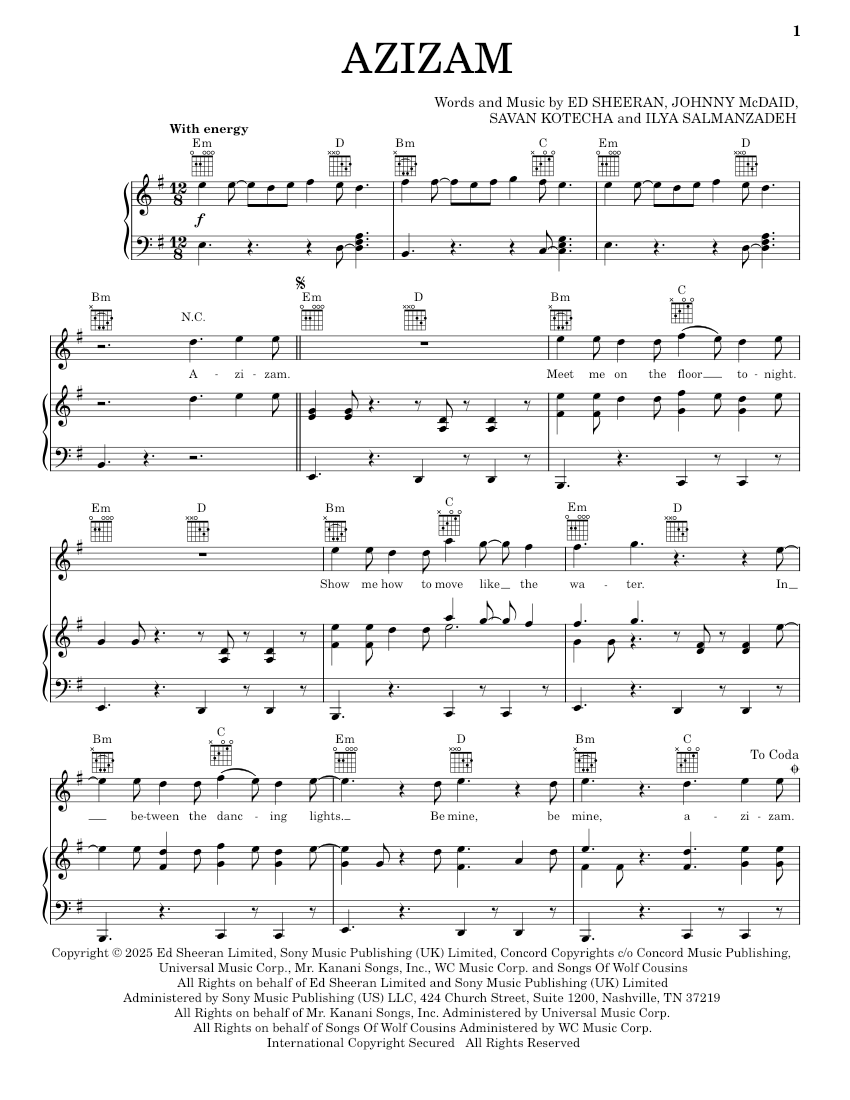 Play Official version of Azizam Sheet Music by Ed Sheeran for Piano ...