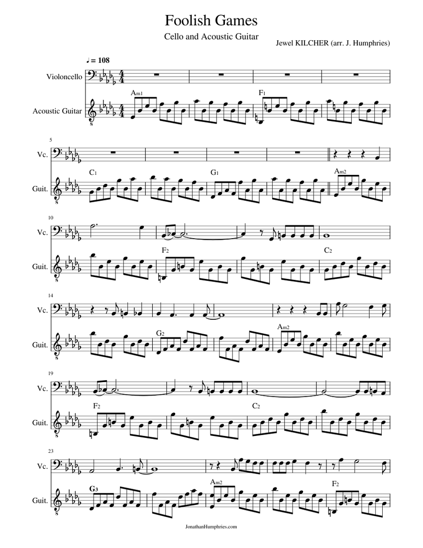 Foolish Games - Jewel KILCHER Sheet music for Cello, Guitar (String ...