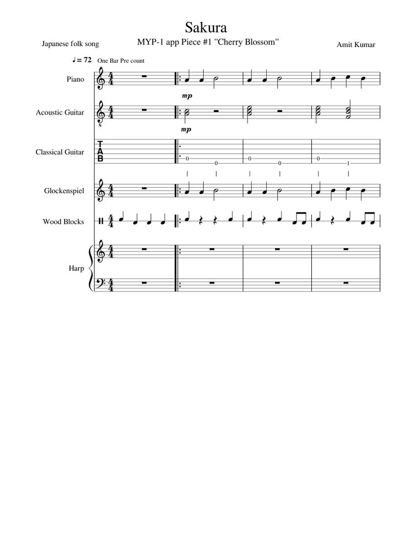 Sakura Sakura Sheet music for Piano, Guitar, Glockenspiel, Guitar, Harp ...