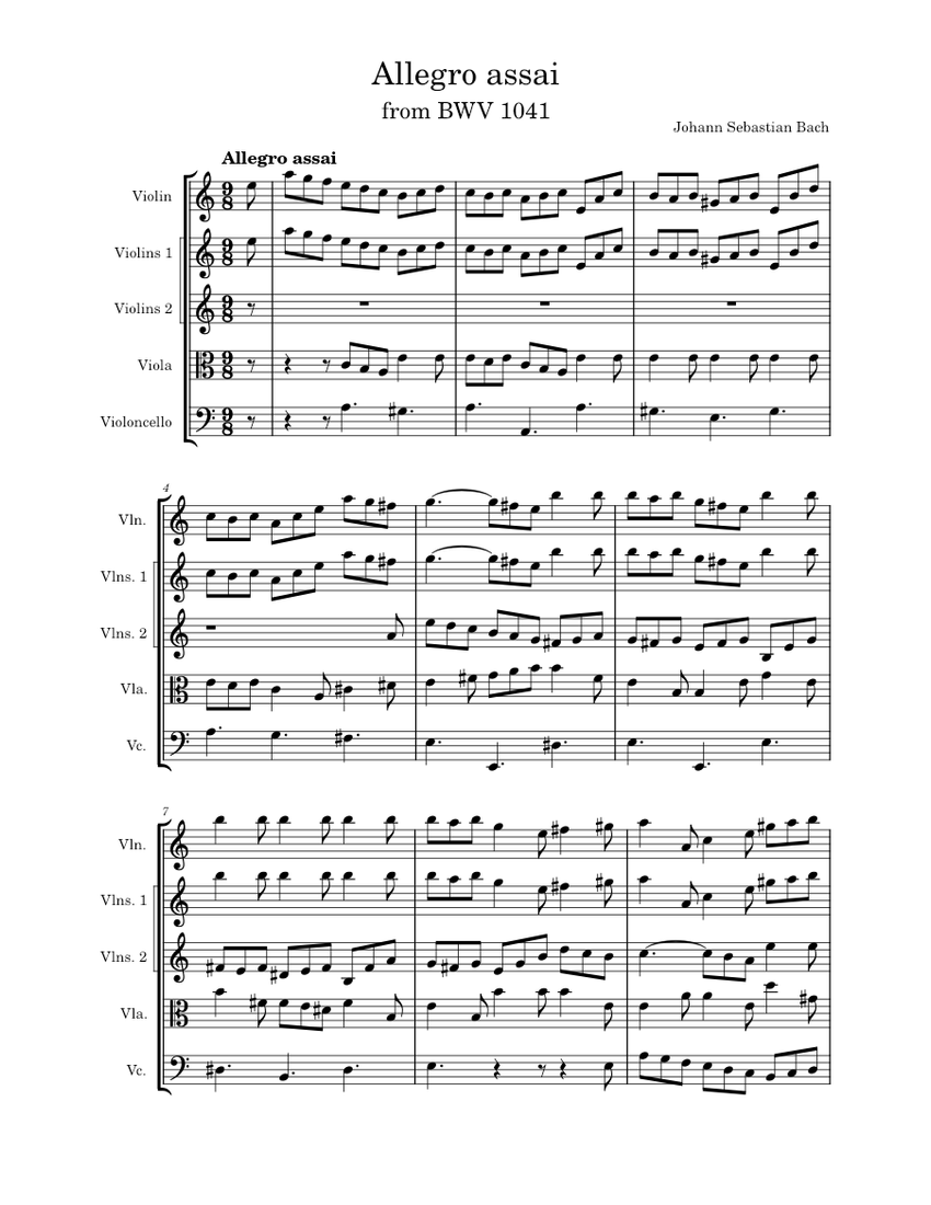 Violin Concerto In A Minor, BWV 1041 – Johann Sebastian Bach Sheet music for Violin, Viola ...