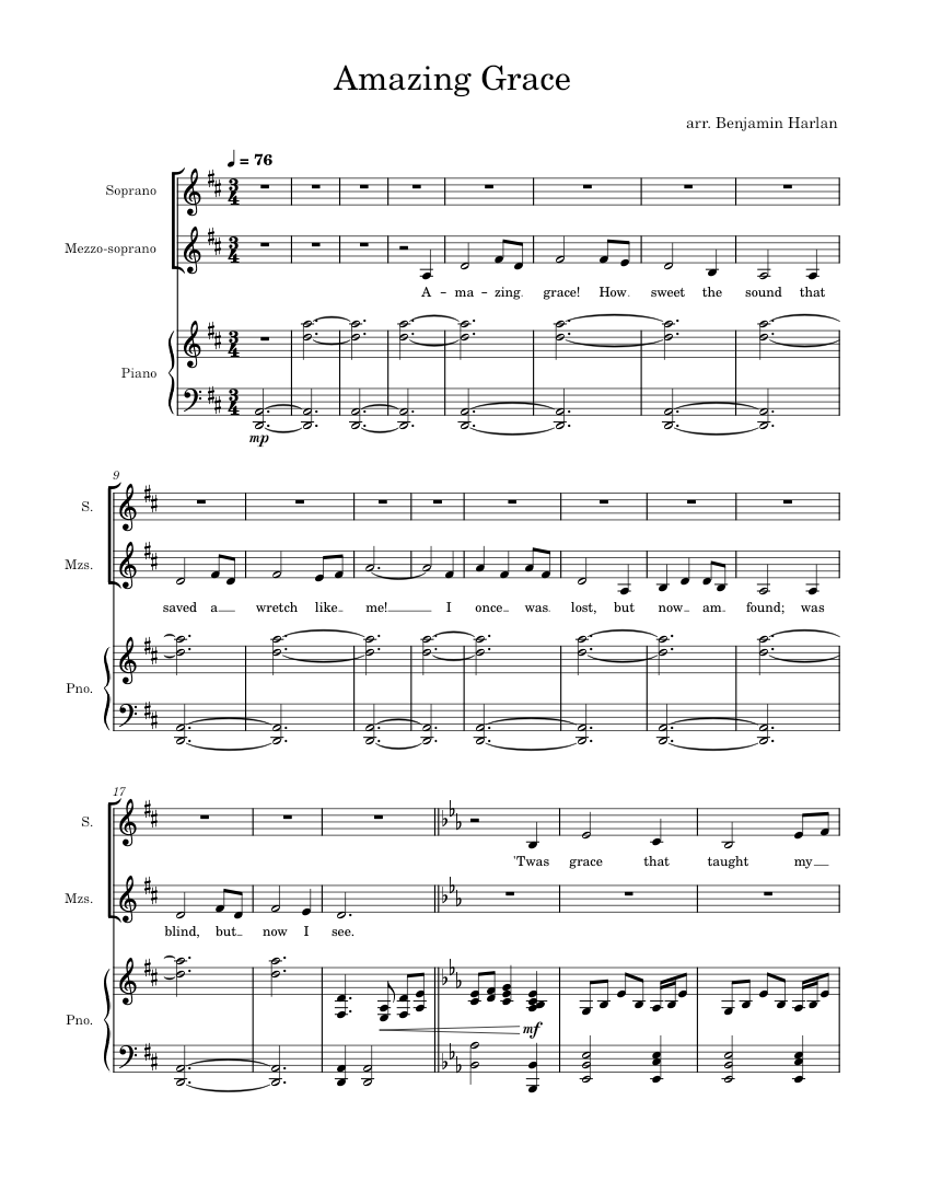 Amazing Grace – arr. Benjamin Harlan (Duet) Sheet Music for Piano ...