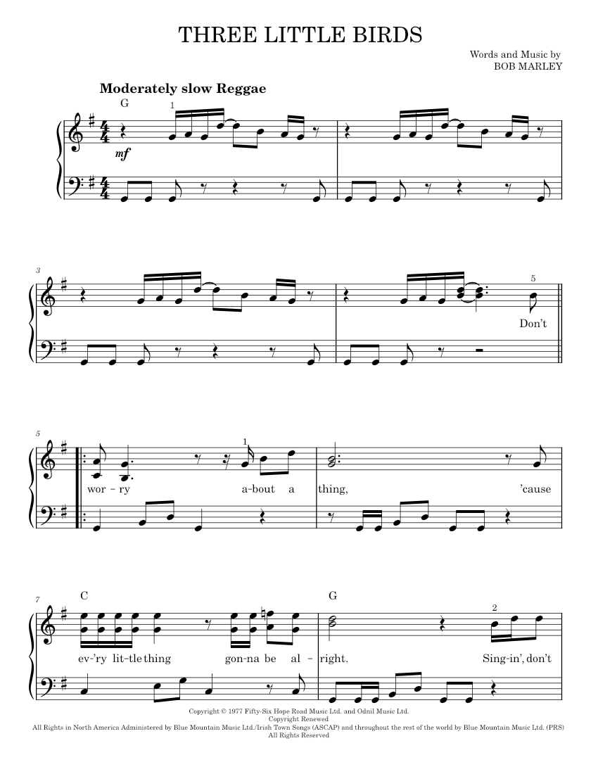 Play Official version of Three little birds Sheet Music by Bob Marley ...